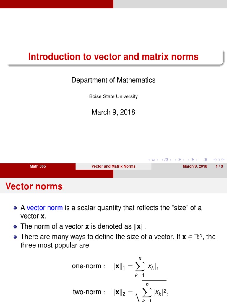 Introduction To Vector and Matrix Norms: Department of Mathematics ...