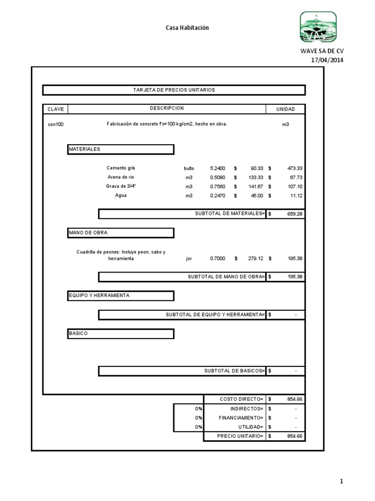 Tarjetas de Precios Basicos PDF | PDF | Hormigón | edificio