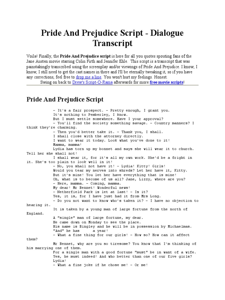 Pride and Prejudice Script | PDF | Mr. Darcy | Elizabeth Bennet