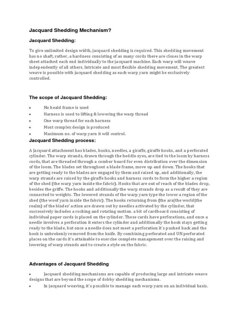 Jacquard Shedding Mechanism | PDF | Loom | Weaving