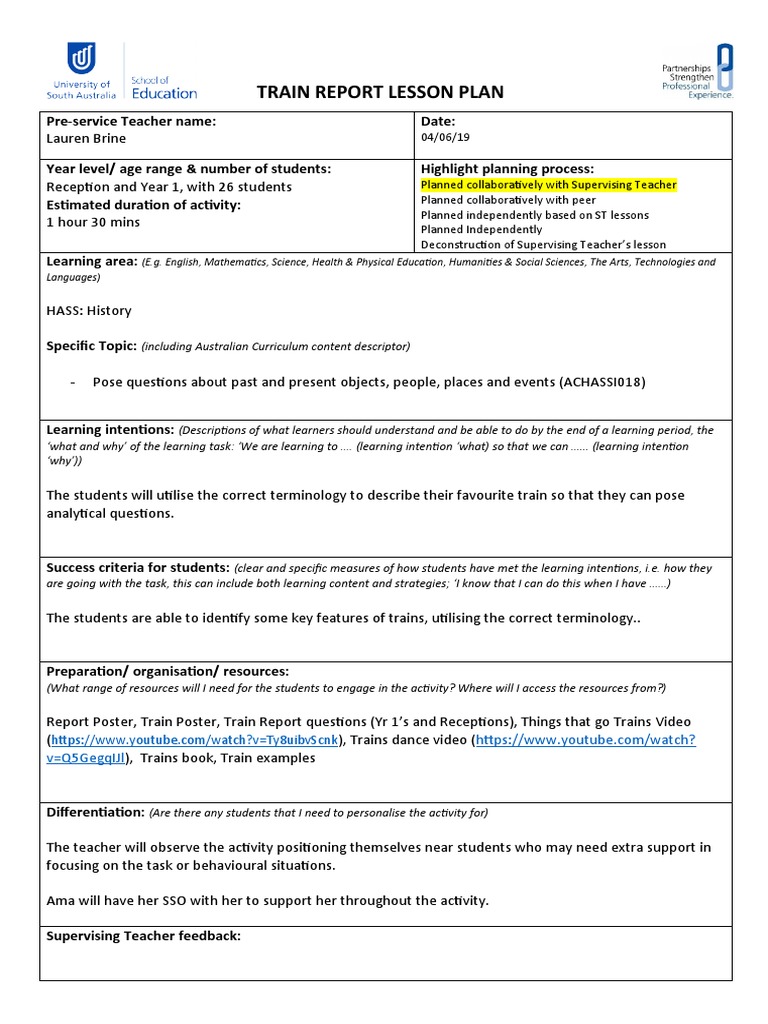 Train Report Lesson Plan | PDF | Teachers | Lesson Plan
