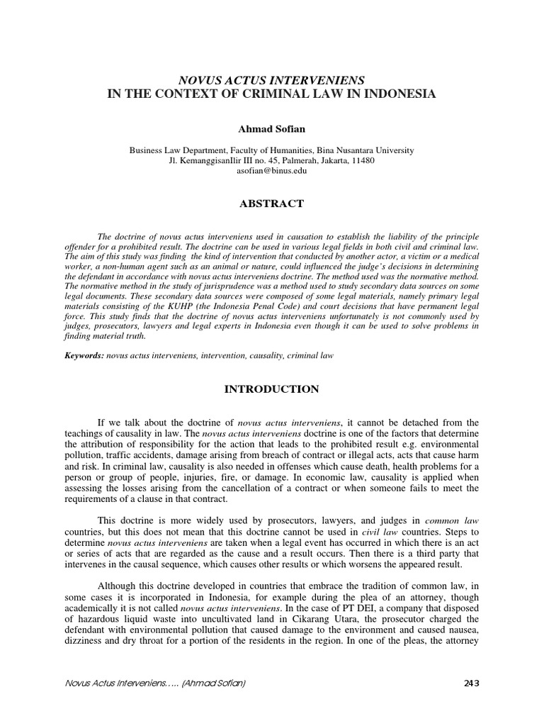 In The Context of Criminal Law in Indonesia: Novus Actus Interveniens ...