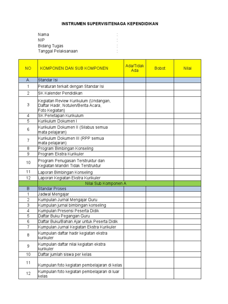 Instrumen Supervisi Tendik New | PDF