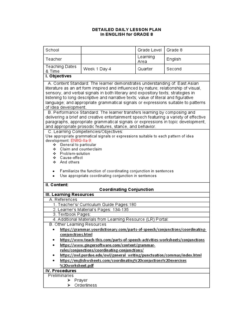 Detailed Daily Lesson Plan in English For Grade 8: En8G-Iia-9 | PDF ...