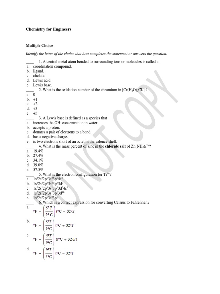 Chemistry For Engineers (EXAM) | PDF | Electron Configuration | Atomic ...