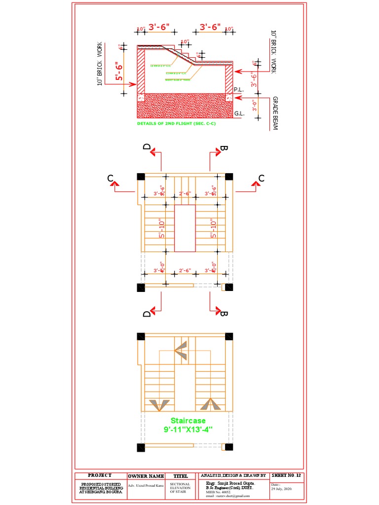 Staircase 9'-11''X13'-4'': Details of 2Nd Flight (Sec. C-C) | PDF | Stairs | Pedestrian ...