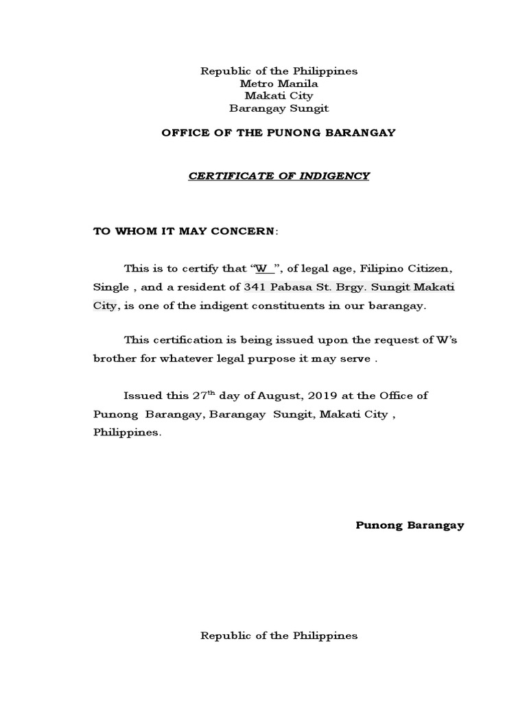 CERTIFICATE OF INDIGENCY Edited Na | PDF | Makati | Philippines