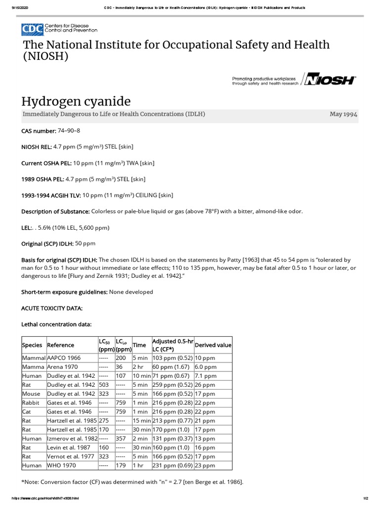 IDLH Values for Hydrogen Cyanide | PDF | Occupational Safety And Health ...