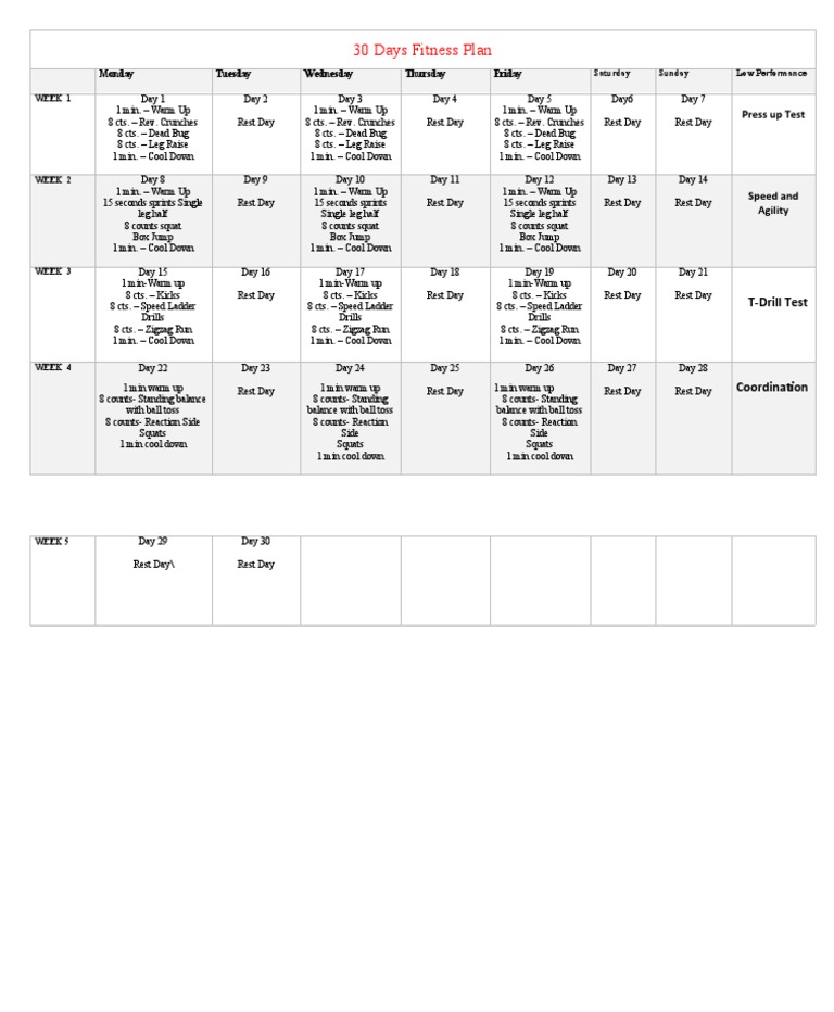 30 Days Fitness Plan: Monday Tuesday Wednesday Thursday Friday | PDF ...