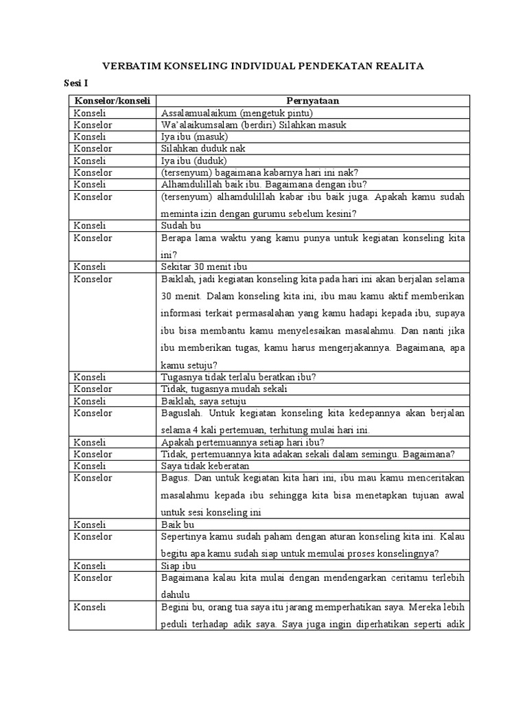 Verbatim Konseling Individual Pendekatan Realita | PDF
