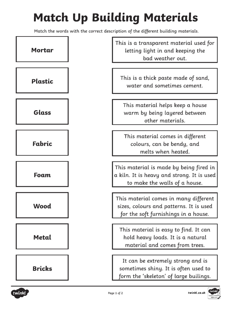 Match Up Building Materials Activity Sheet - Ver - 5 PDF | PDF