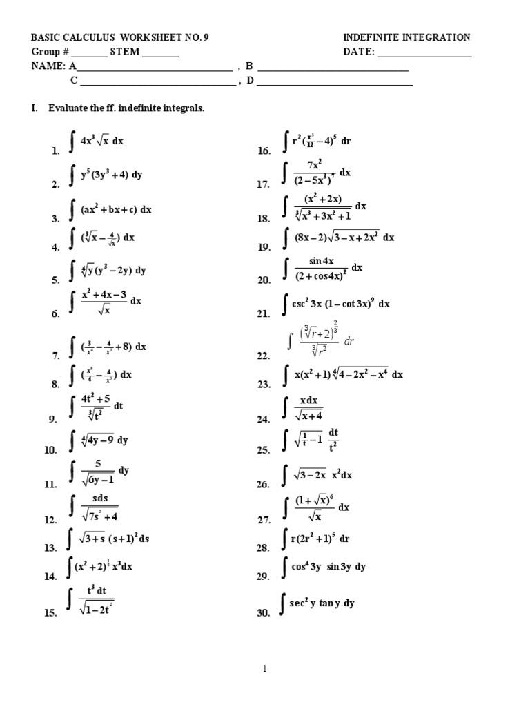 Indefinite Integration Practice Worksheet | PDF | Mathematical Concepts | Operator Theory