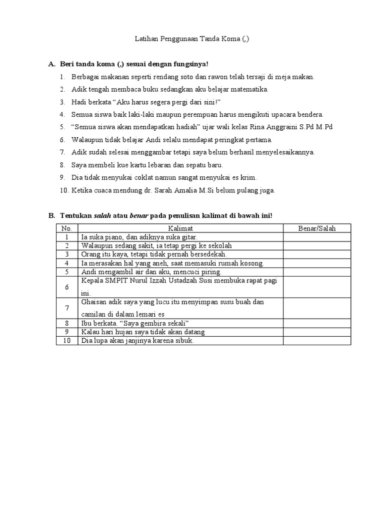 Latihan Penggunaan Tanda Koma | PDF