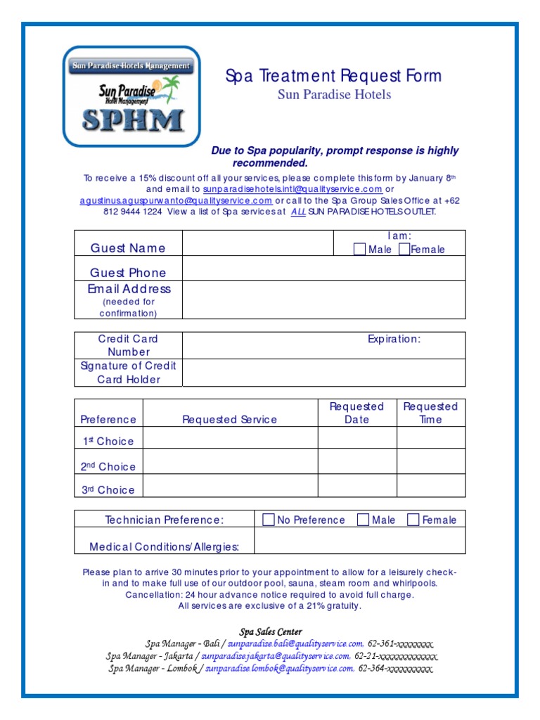 SPHM - Spa Treatment Request Form | PDF