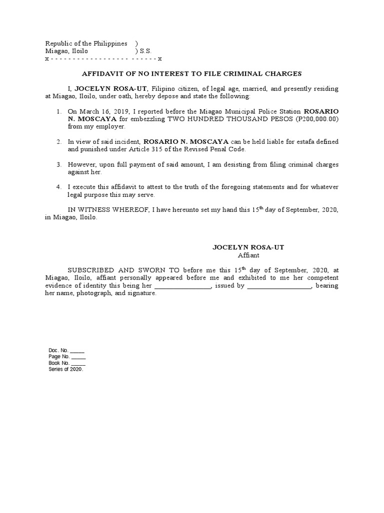 Affidavit of No Interest To File Criminal Charges | PDF