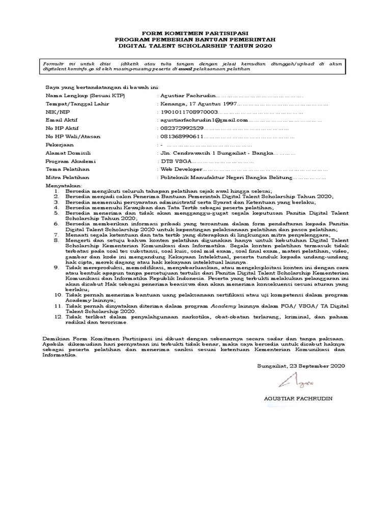 Form Komitmen Agustiar Fachrudin | PDF