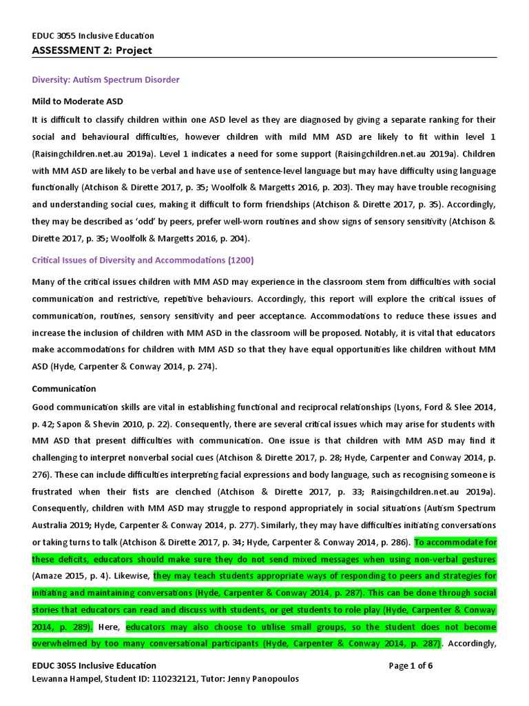 ASSESSMENT 2: Project: Mild To Moderate ASD | PDF | Autism Spectrum ...