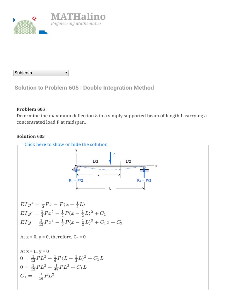 Maximum Deflection in Beam Using Double Integration | PDF | Physics ...