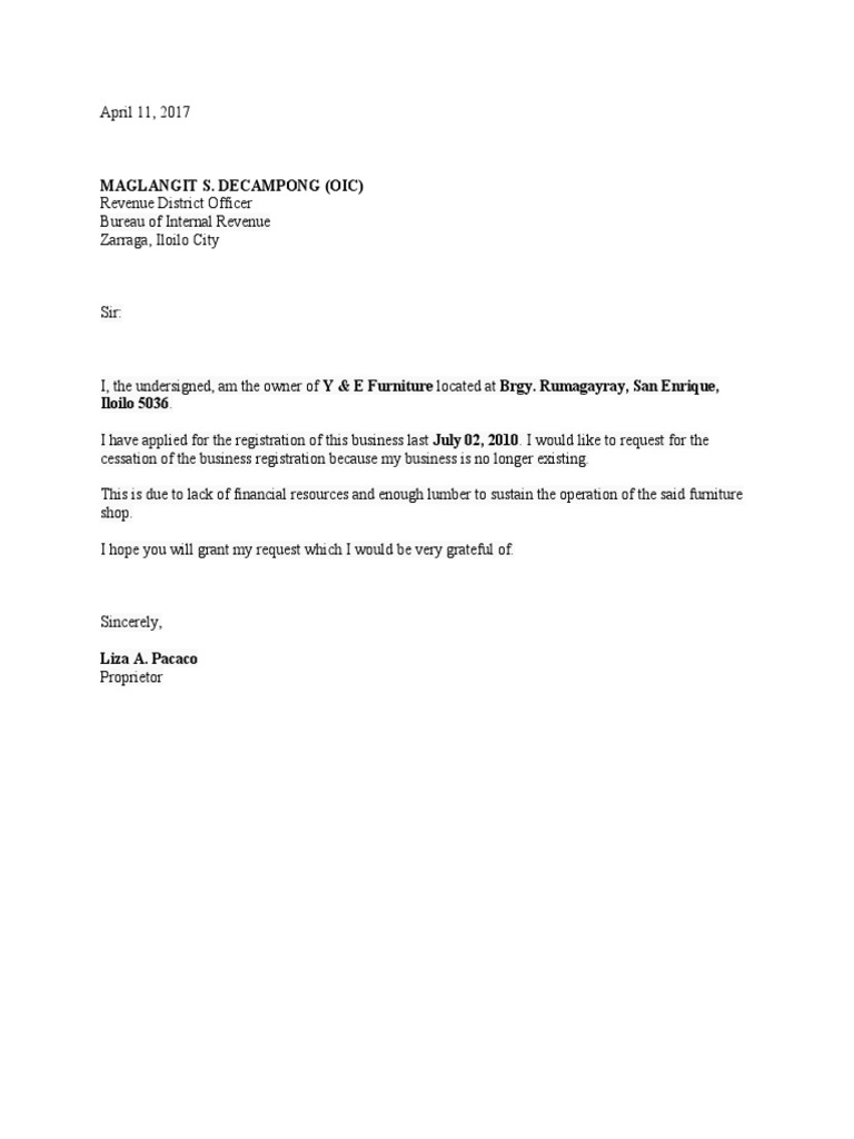 Business Closure Request to BIR | PDF | Law