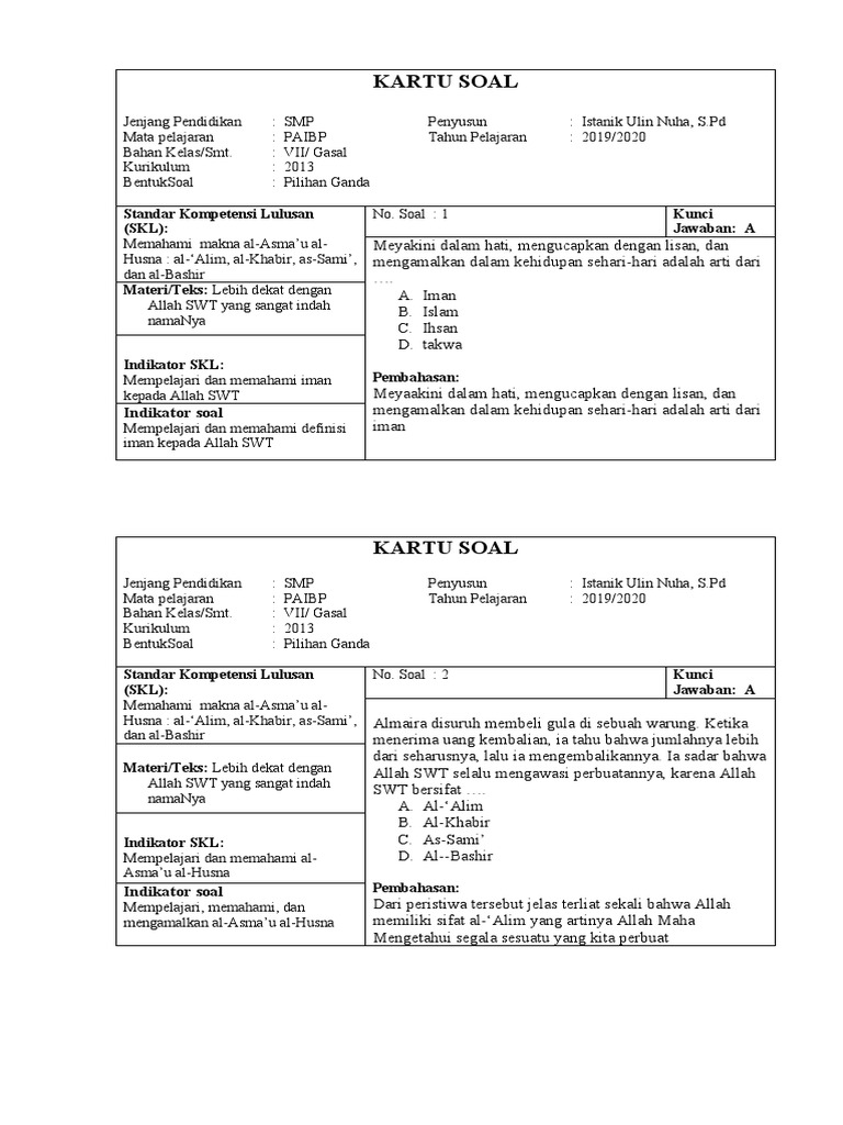 Kartu Soal Pai 19-20 | PDF