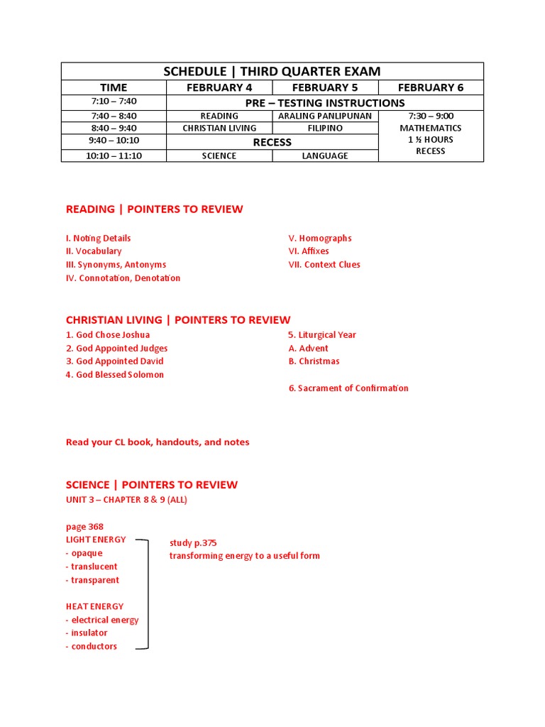 Schedule & Pointers To Review - Third Quarter | Download Free PDF | Semiotics | Language Mechanics