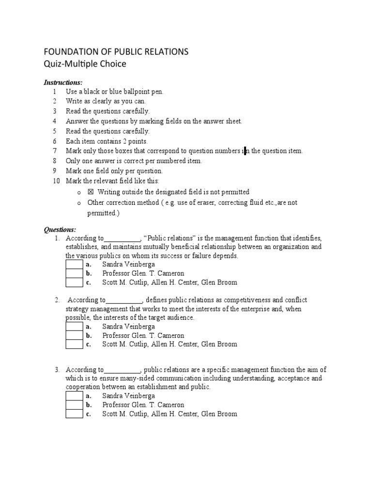 Foundation of Public Relations Quiz-Multiple Choice: Instructions | PDF ...