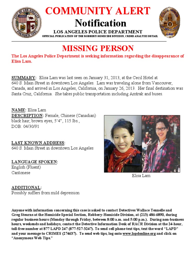 Elisa Lam Missing Person Updated Alert.02.11 | PDF