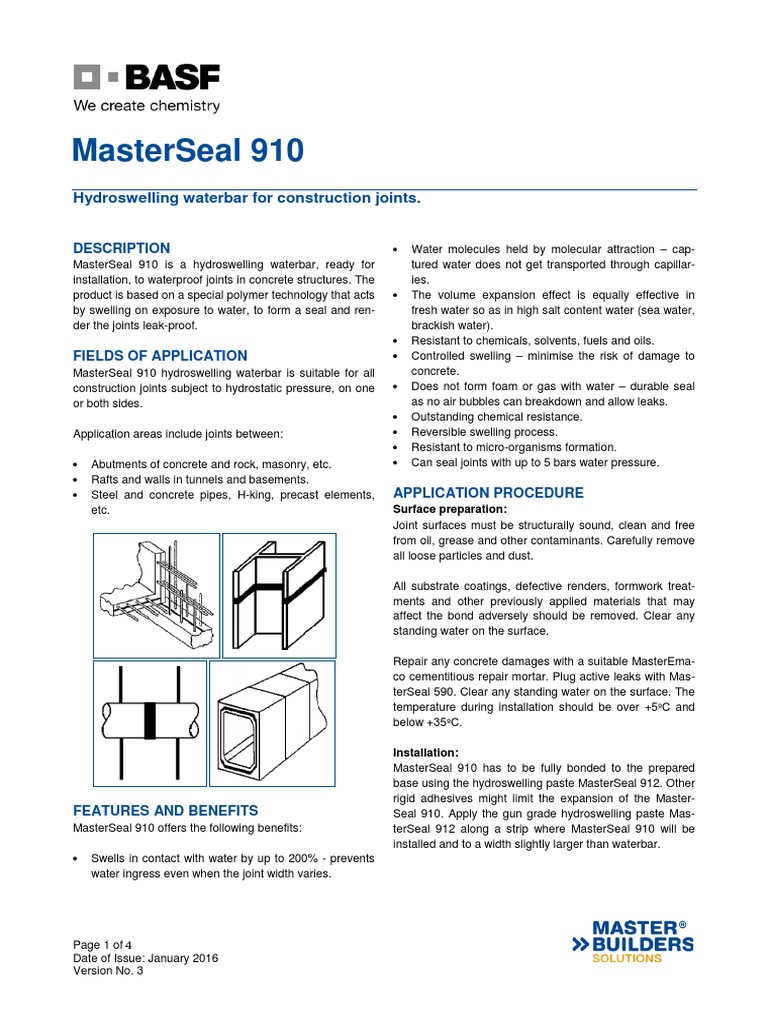 Masterseal 910: Hydroswelling Waterbar For Construction Joints | PDF ...