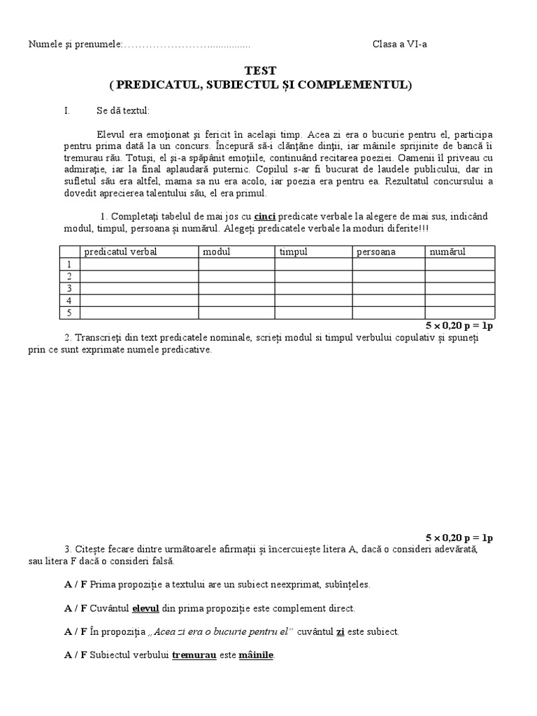 Test - Predicatul Subiectul Si Compl | PDF