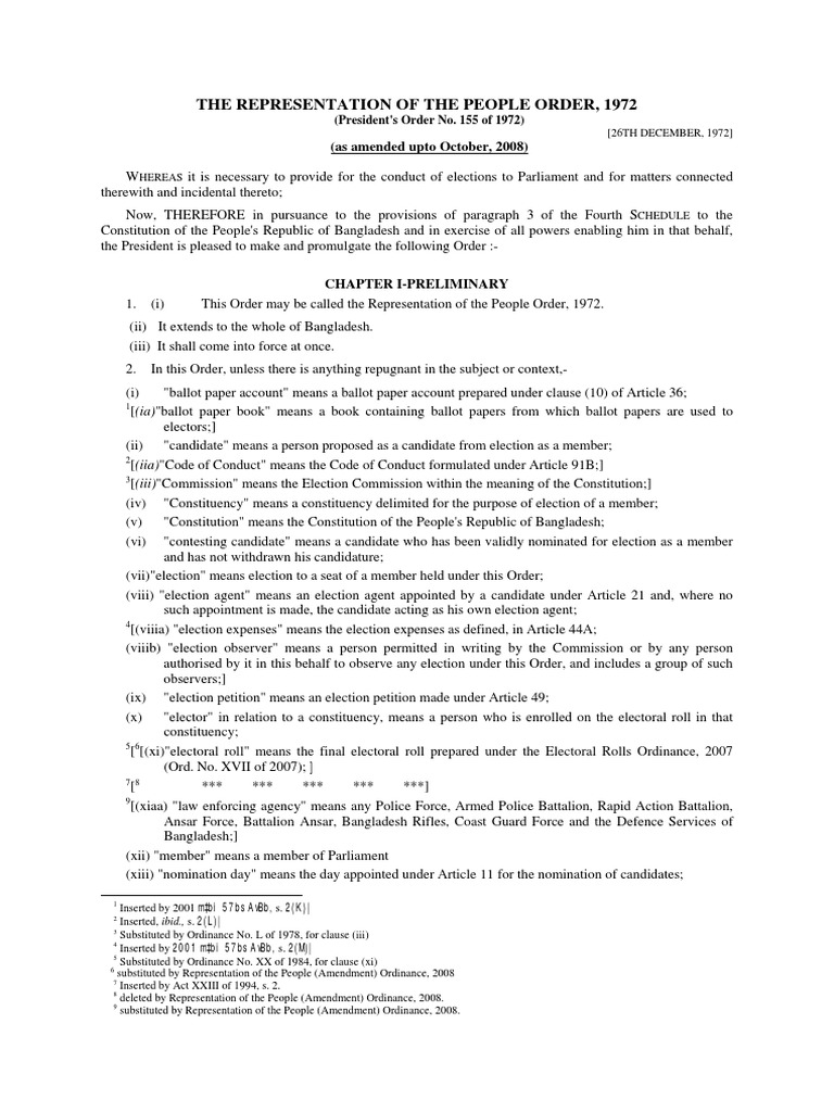 The Representation of The People Order, 1972: (As Amended Upto October ...