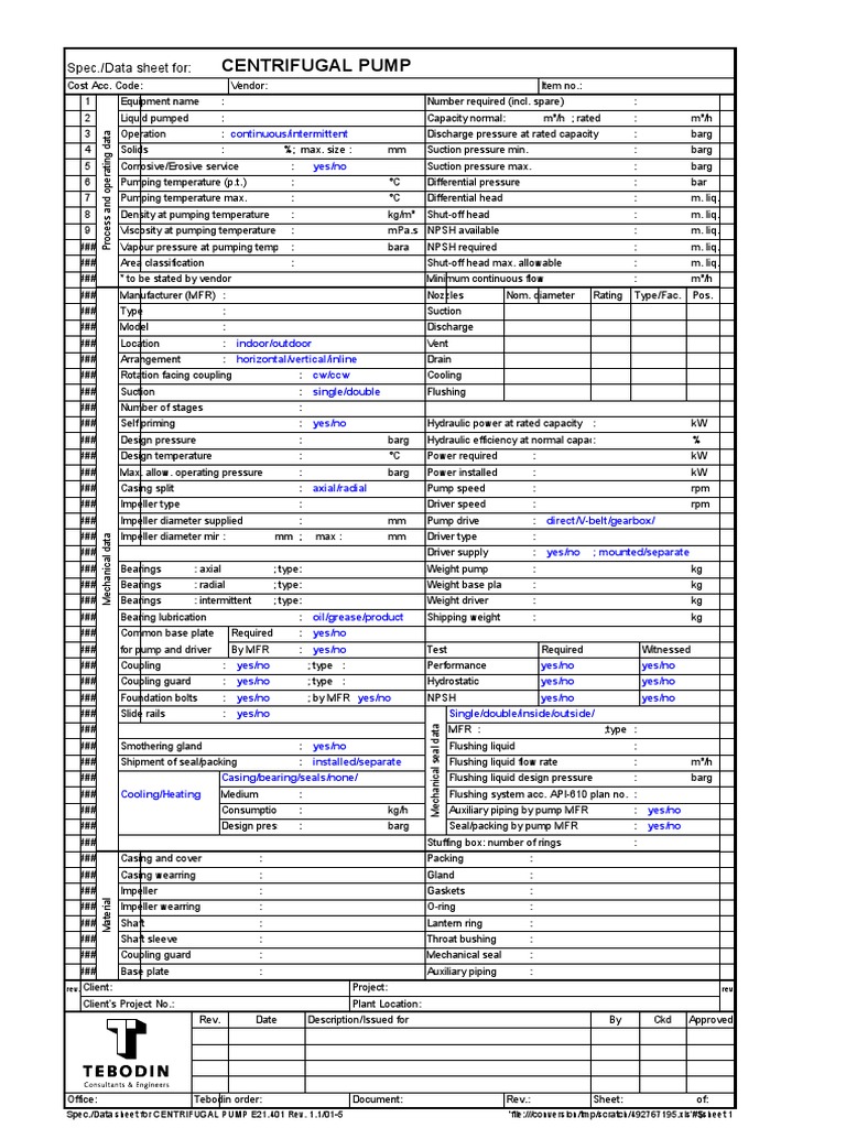 Centrifugal Pump: Spec./Data Sheet For | PDF | Pump | Bearing (Mechanical)