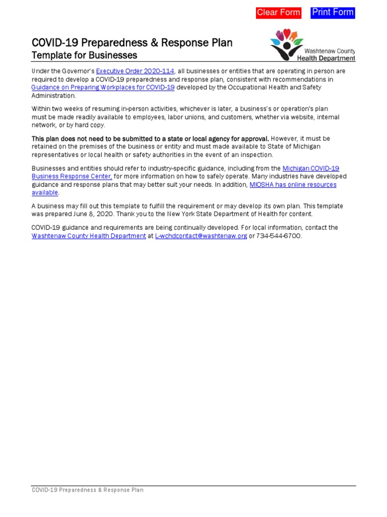 COVID-19 Preparedness and Response Plan Template - Updated 6.8.20 ...