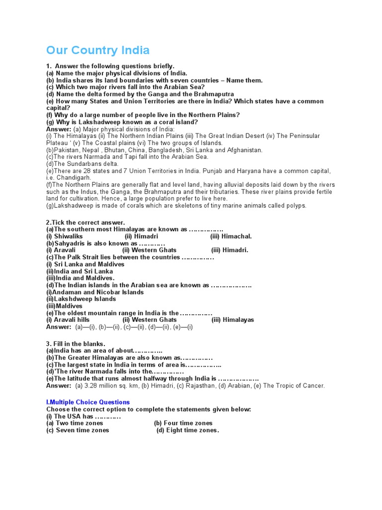 Our Country India: I.Multiple Choice Questions | PDF | Himalayas ...