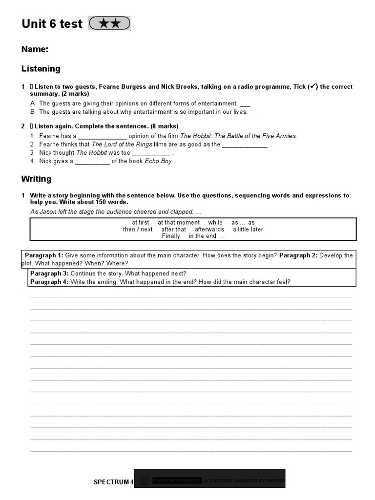 Unit 6 Test: Name: Listening | PDF
