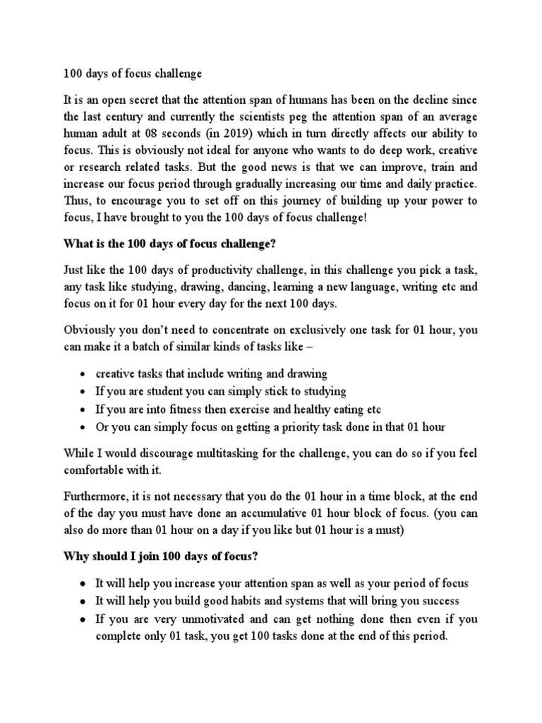100 Days of Focus Challenge | PDF | Attention | Cognition