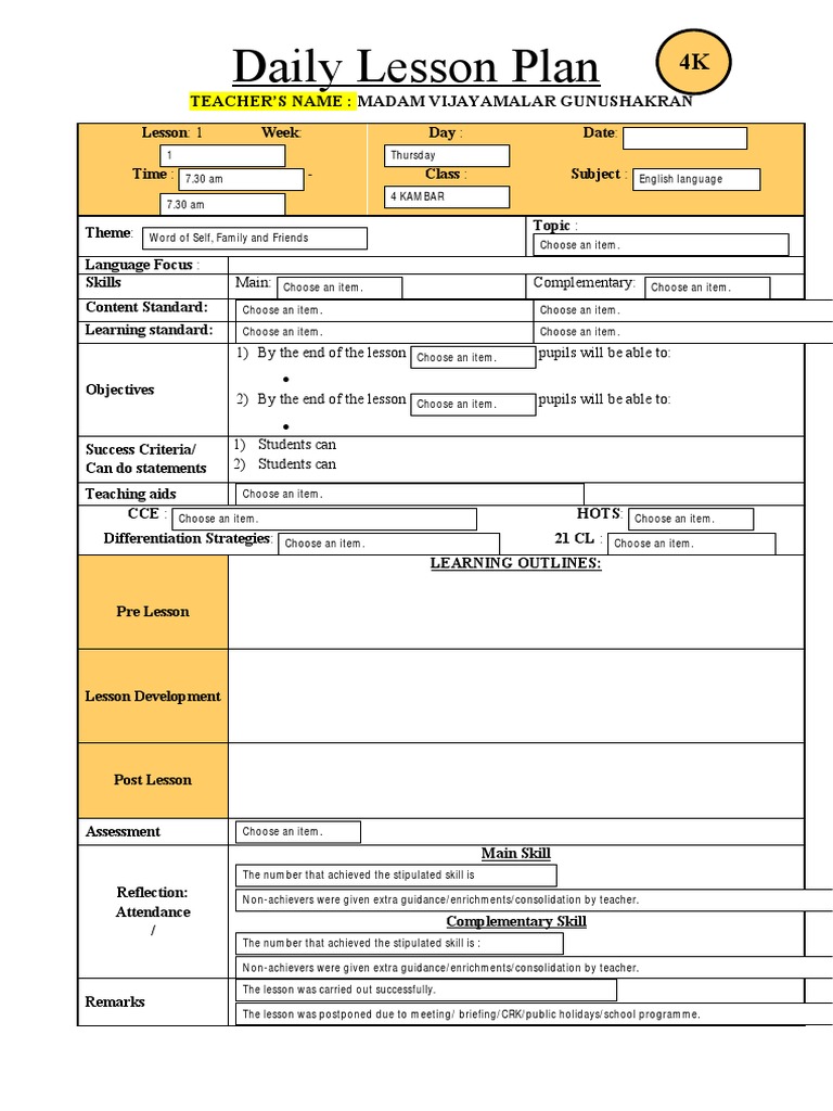 Daily Lesson Plan: Teacher'S Name: Madam Vijayamalar Gunushakran | PDF ...