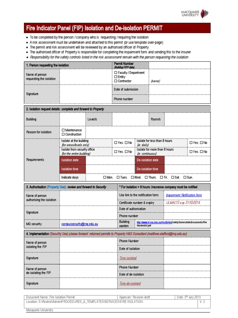 Fire Indicator Panel (FIP) Isolation and De-Isolation PERMIT | PDF ...