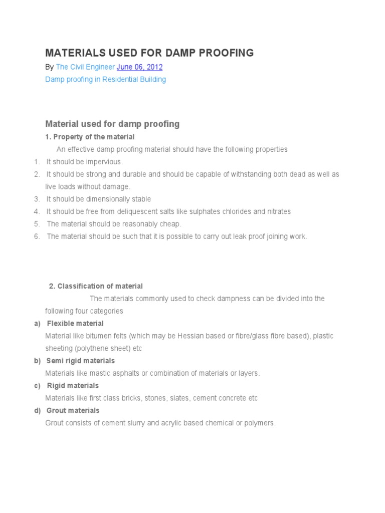 Material Used For Damp Proofing | PDF | Roof | Concrete
