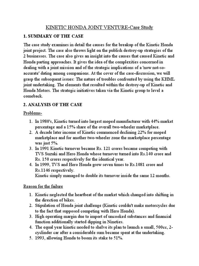 Kinetic Honda Joint Venture-Case Study: 1. Summary of The Case | PDF | Honda | Motorcycle