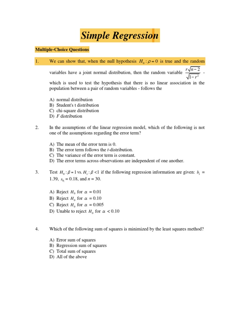 Simple Regression: Multiple-Choice Questions | PDF | Errors And Residuals | Coefficient Of ...