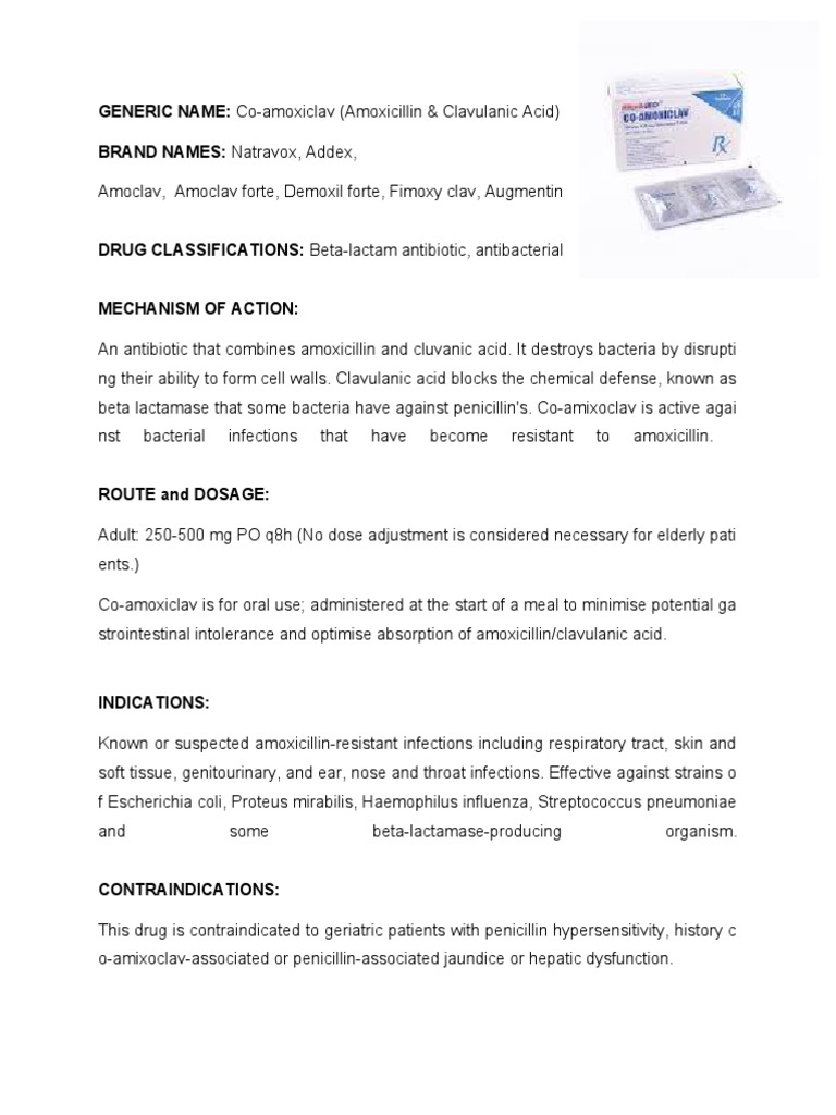 GENERIC NAME: Co-Amoxiclav (Amoxicillin & Clavulanic Acid) BRAND NAMES ...