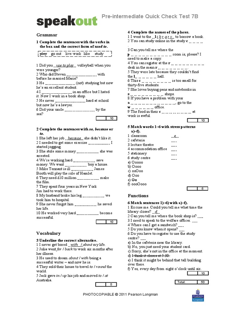 Pre-Intermediate Quick Check Test 7B: Grammar | PDF | Cognitive Science ...