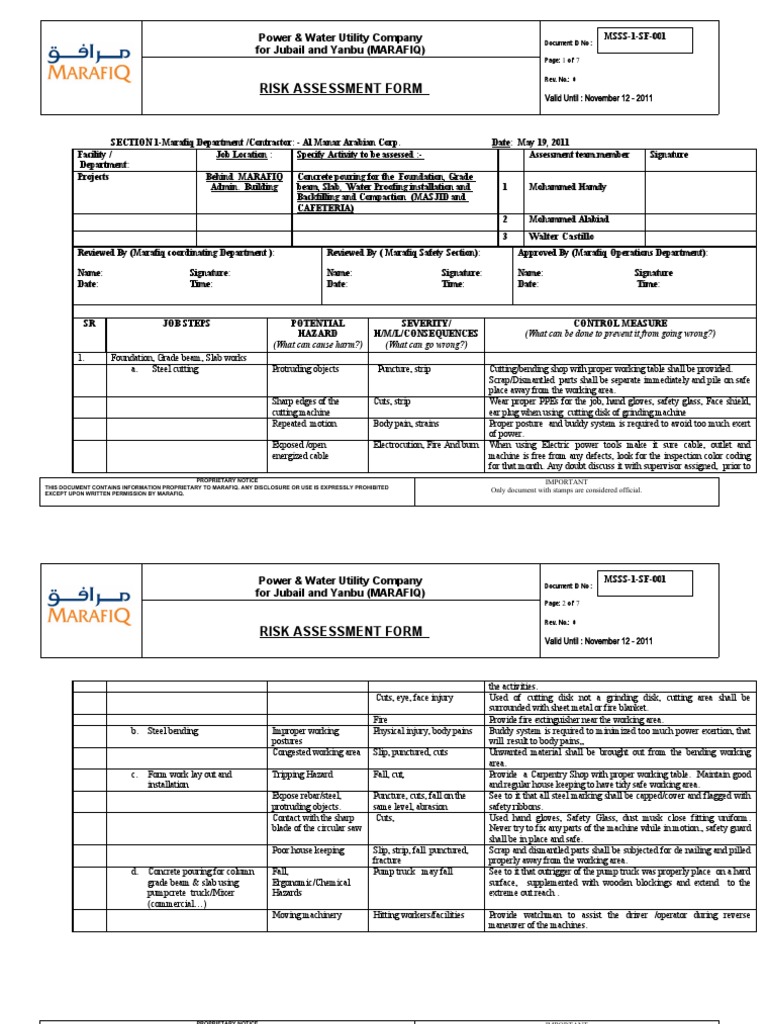 Risk Assessment Form for Concrete Pouring, Formwork Installation, and ...