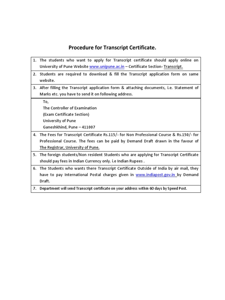 Procedure For Transcript Certificate.: WWW - Unipune.ac - in | PDF