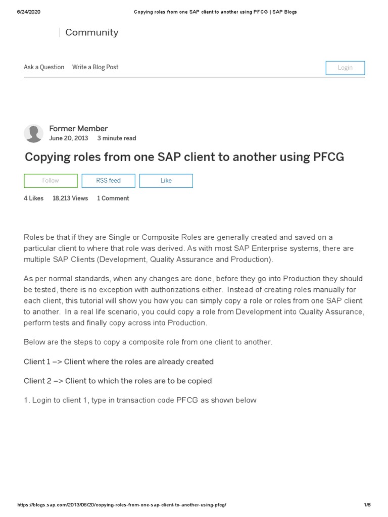 Copying Roles From One SAP Client To Another Using PFCG - SAP Blogs | PDF | Software | Human ...
