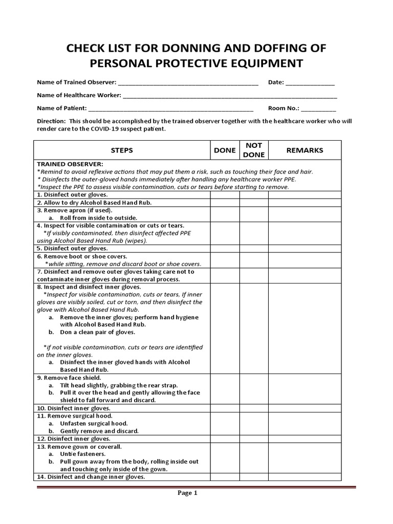 Check List For Donning and Doffing of Personal Protective Equipment ...