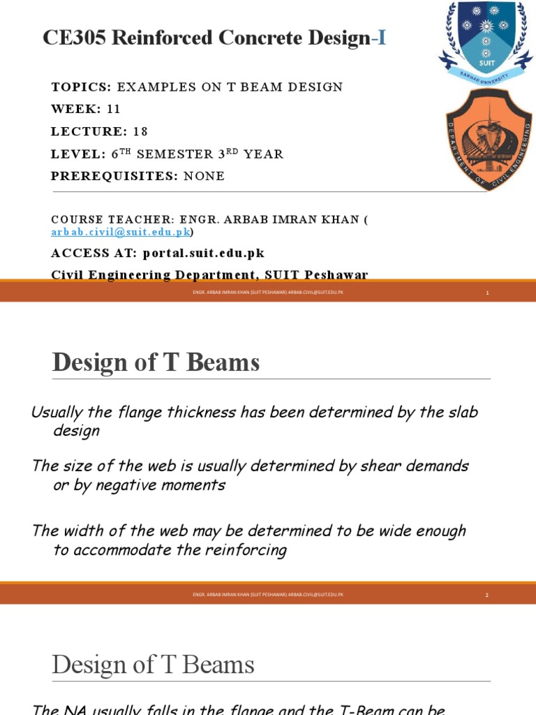 CE305 Reinforced Concrete Design: Topics: Examples On T Beam Design WEEK: 11 Level: 6 ...