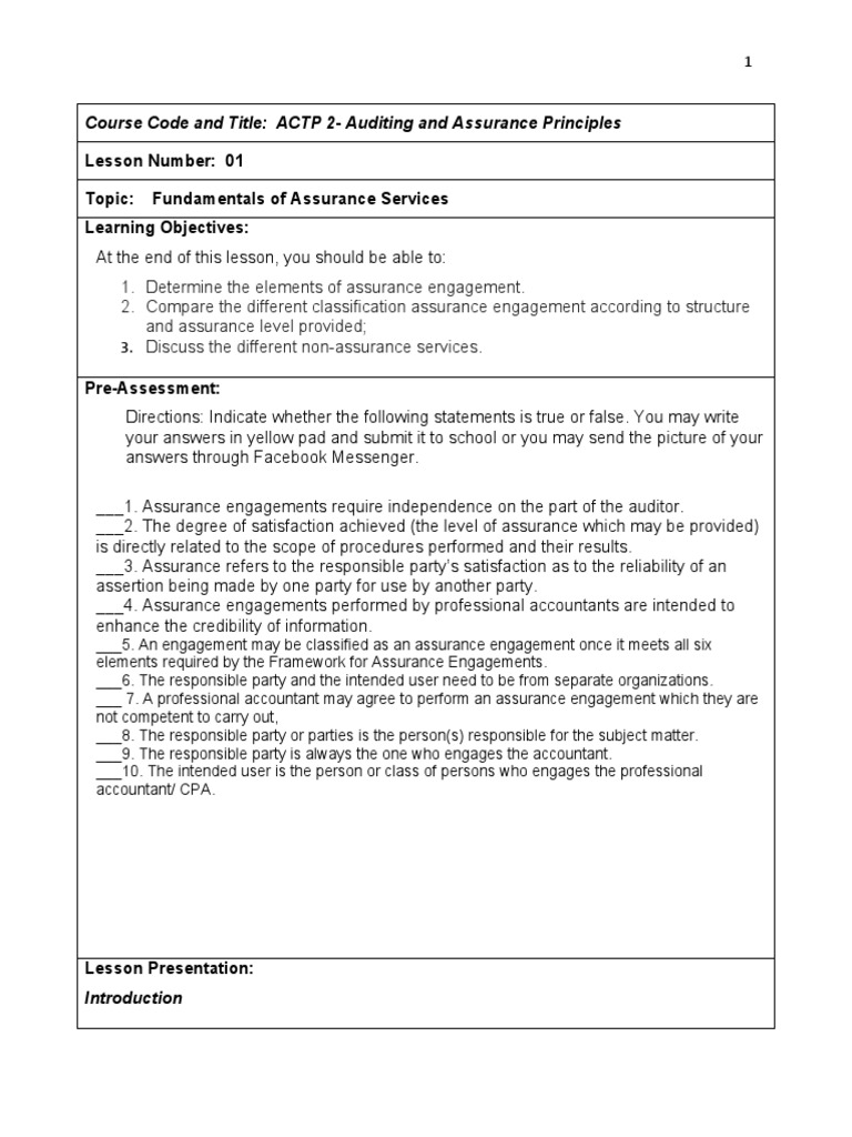 Lesson Number: 01 Topic: Fundamentals of Assurance Services Learning ...