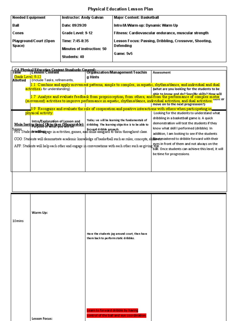 Lesson Plan Outline - 3 | PDF | Physical Education | Lesson Plan
