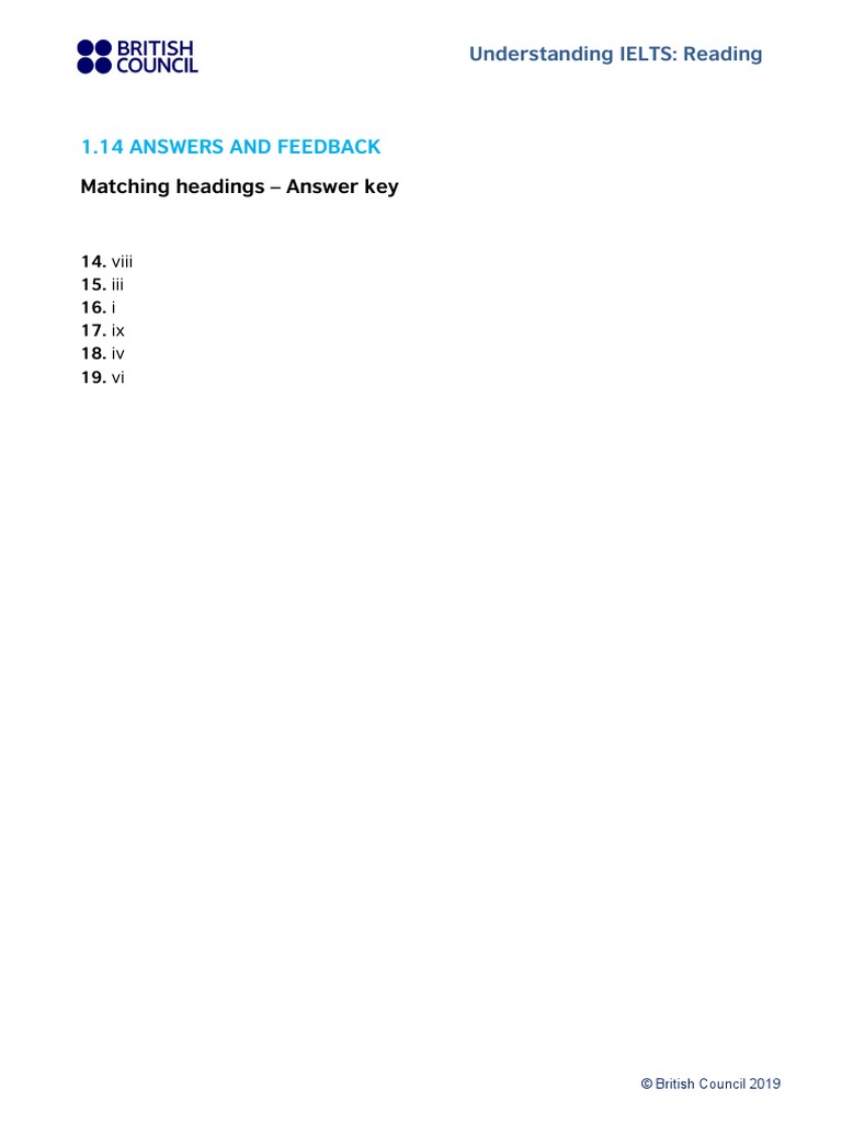 Matching Headings - Answer Key: 1.14 Answers and Feedback | PDF